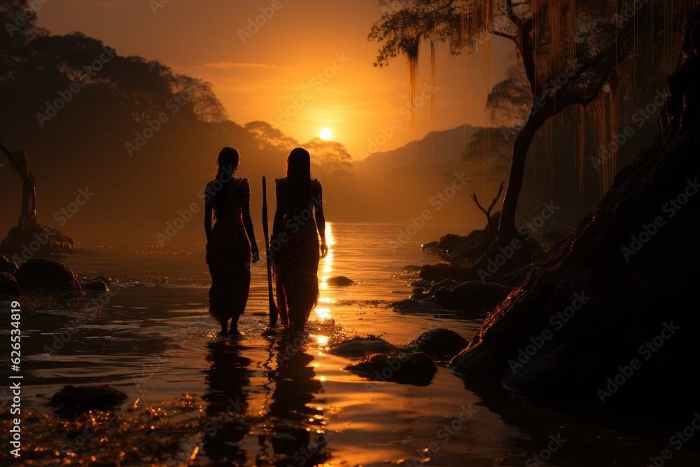 Tribal or native indigenous women at sunset by the river, Native ...