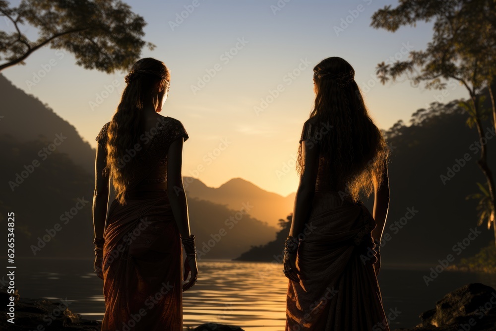 Tribal or native indigenous women at sunset by the river, Native ...