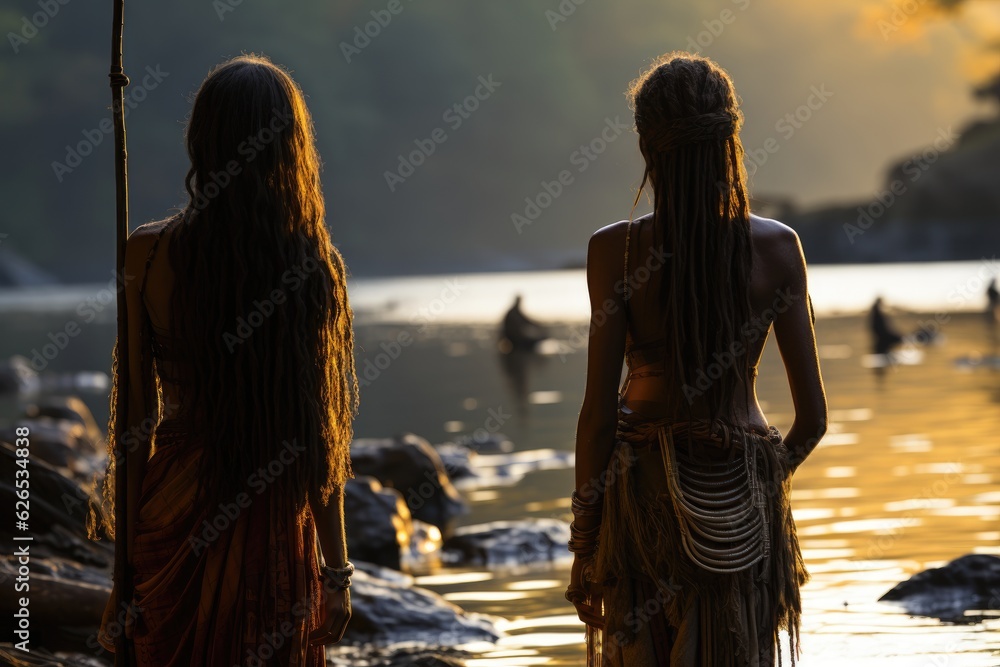 Tribal or native indigenous women at sunset by the river, Native ...