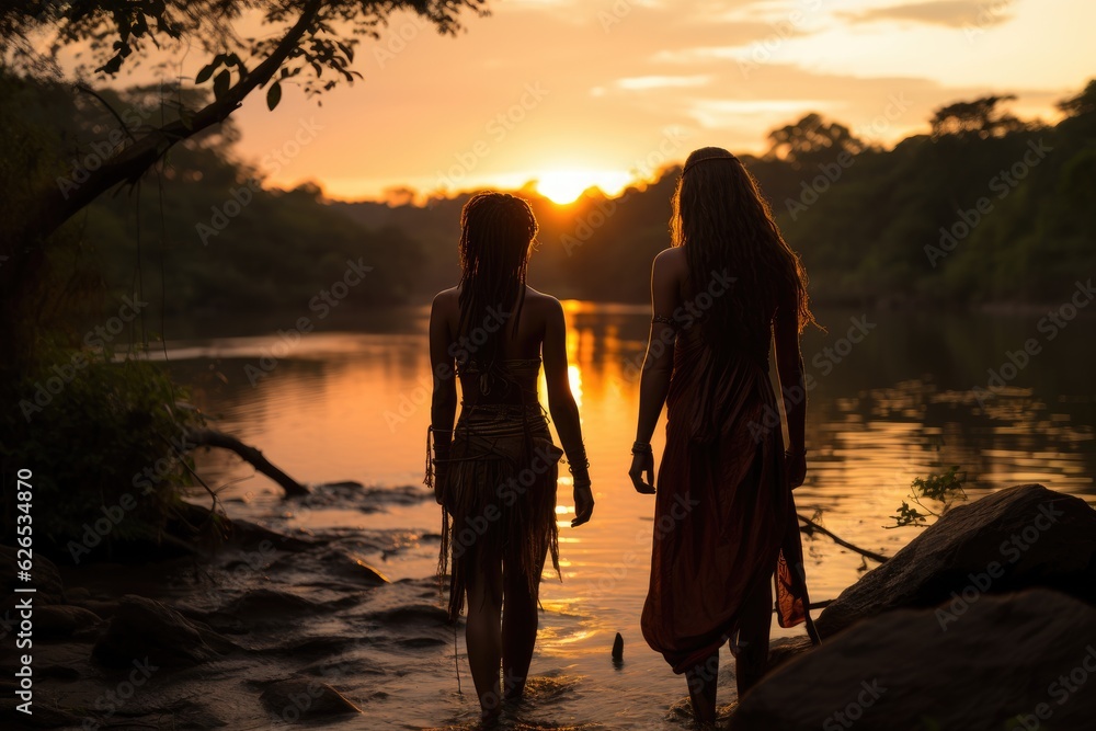 Tribal or native indigenous women at sunset by the river, Native ...