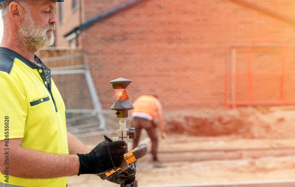 Site engineer surveyor using rugged tablet controller computer to ...