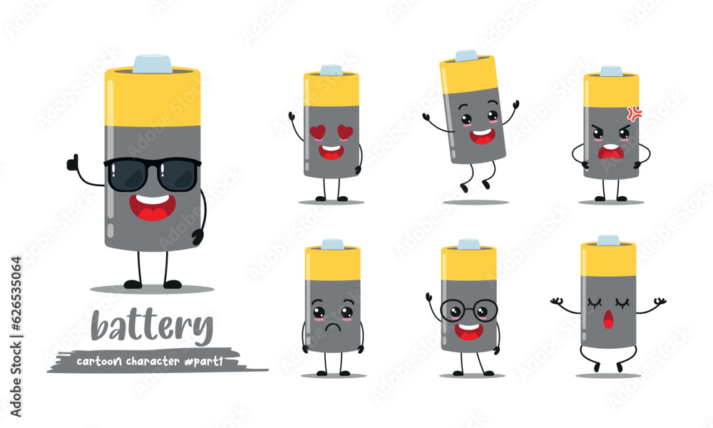 cute battery cartoon with many expressions. different activity pose ...