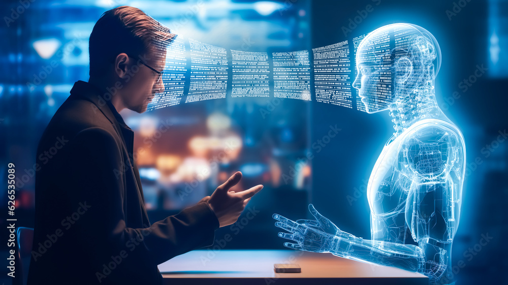 Robotics or ai artificial intelligence connecting interaction with human.Chat bot software ...