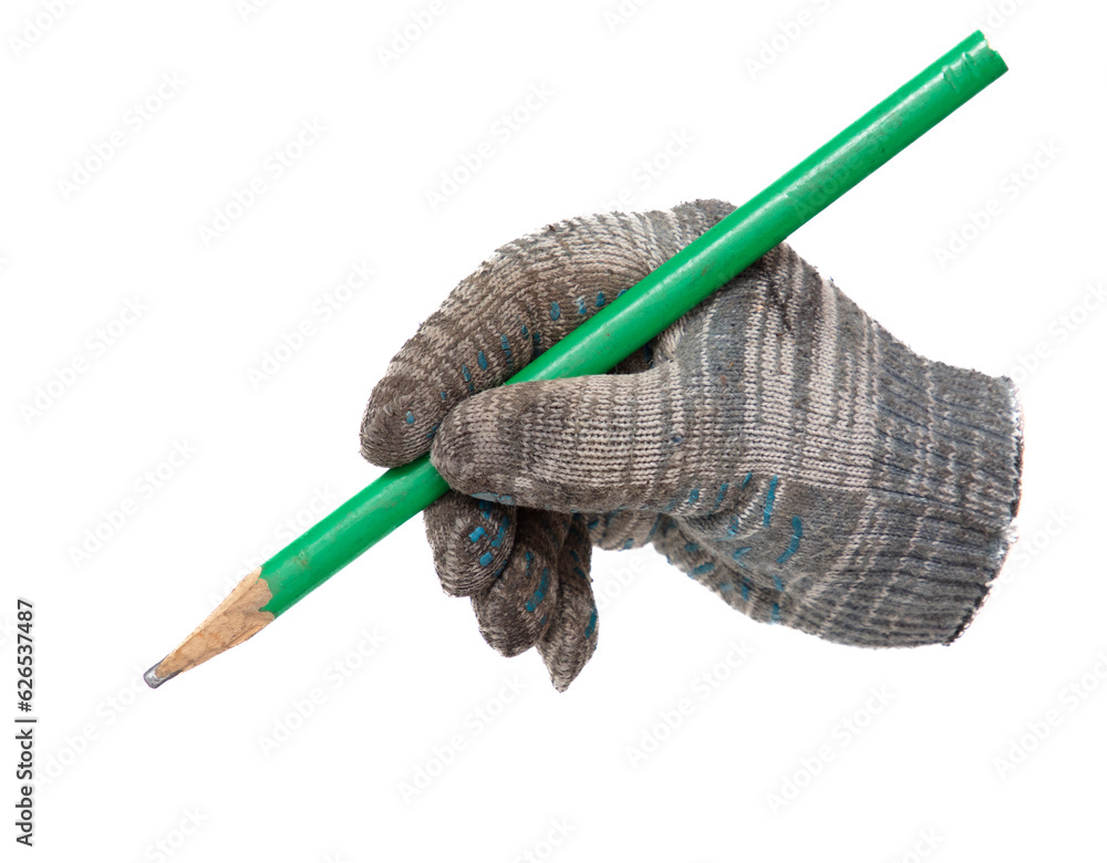 Hand in work glove holding green pencil isolated on white background ...