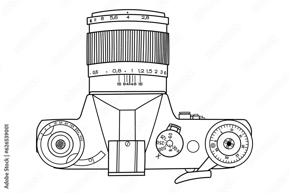 Hand drawing old SLR vintage film photo camera. Top view, top side ...