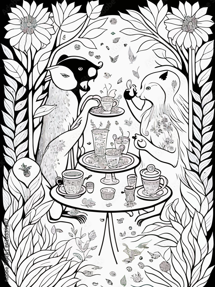 Embark on a Whimsical Tea Party: Printable Coloring Page for Kids Stock ...