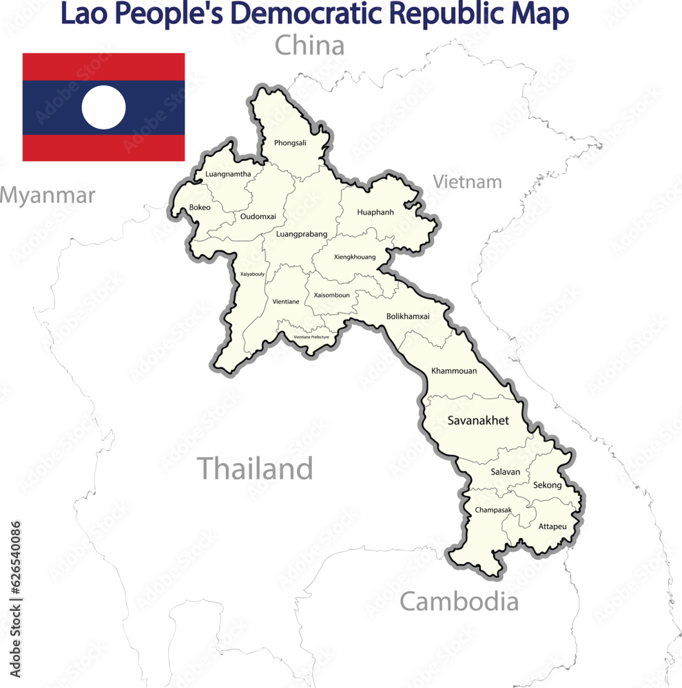 Laos map with provinces name and flag Stock Vector | Adobe Stock