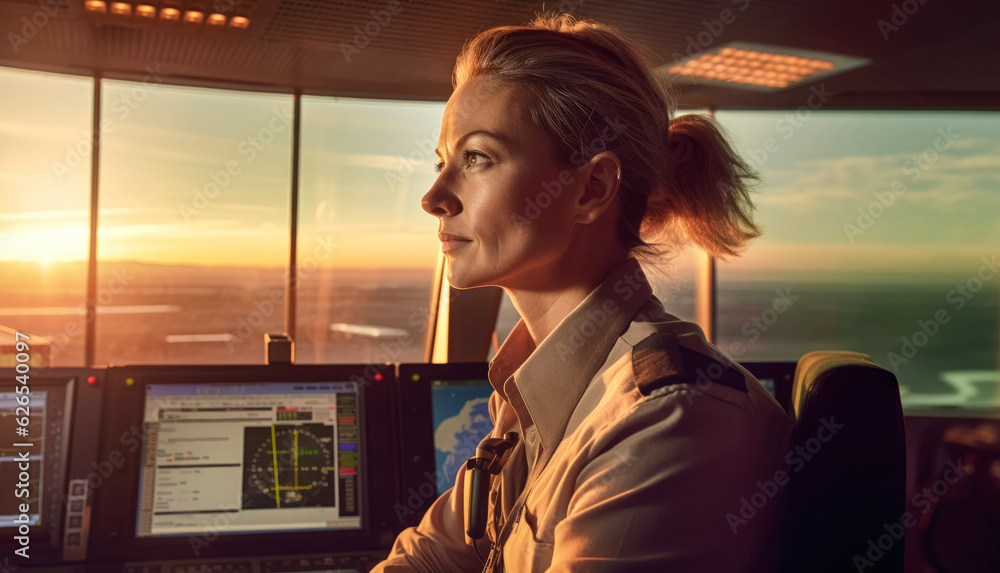Woman working as air traffic controller. Female sitting at airport ...