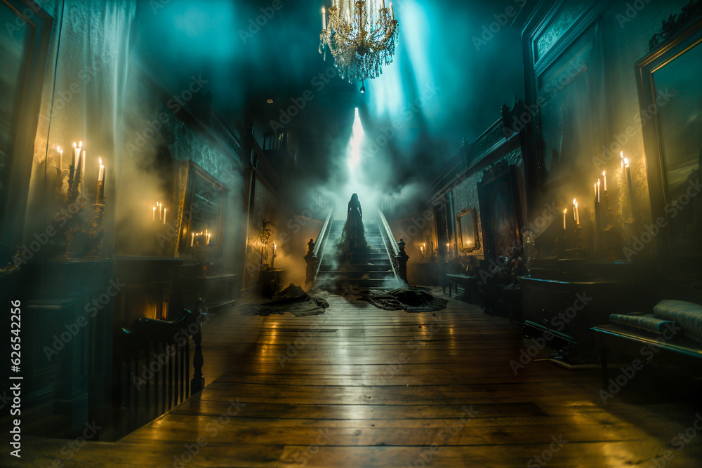 A ghostly female apparition descends a grand curved staircase Stock ...