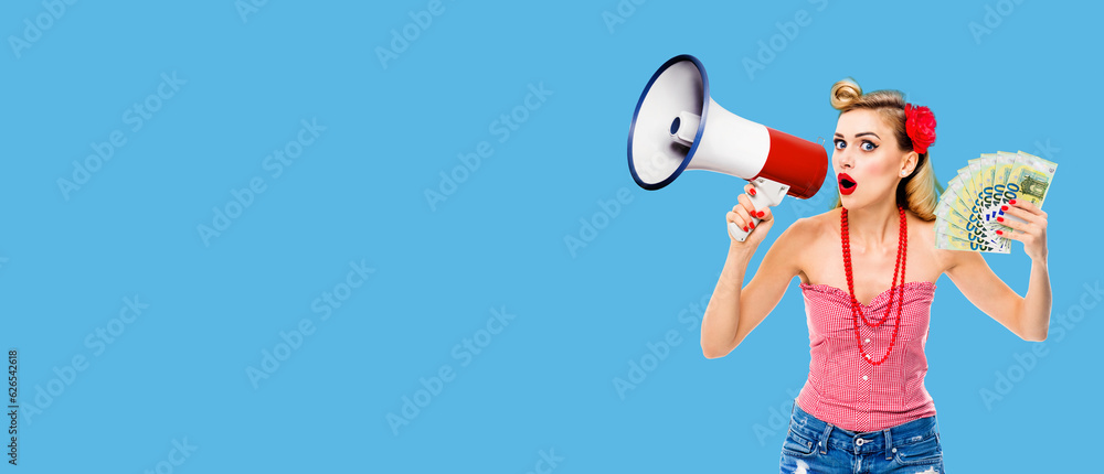 Full body portrait photo woman holding megaphone and money euro cash ...