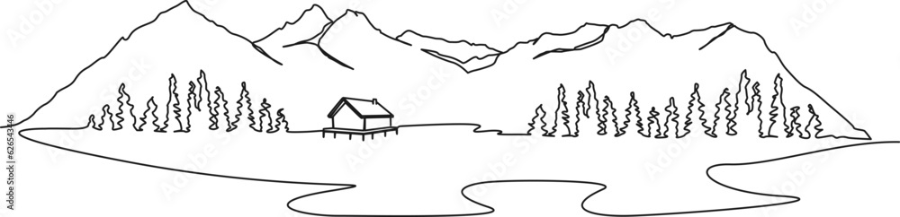 continuous single line drawing of cabin at lakeshore in beautiful ...