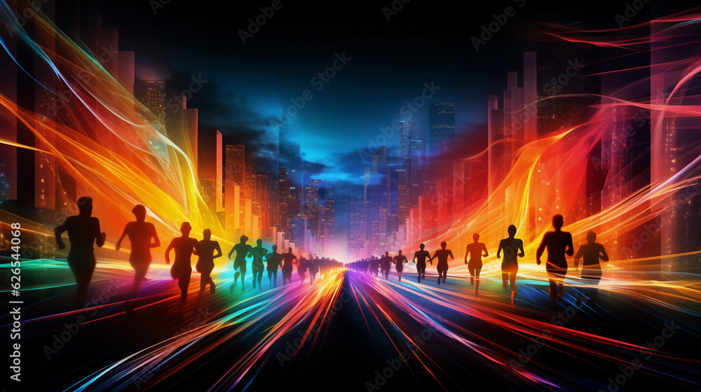 Abstract representation of a charity run, streaks of bright neon colors ...