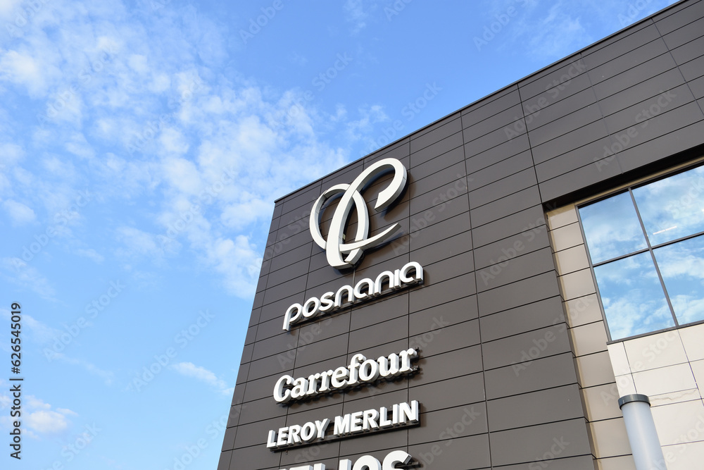 Posnania shopping mall in Poznan city, facade with signage. POZNAN ...