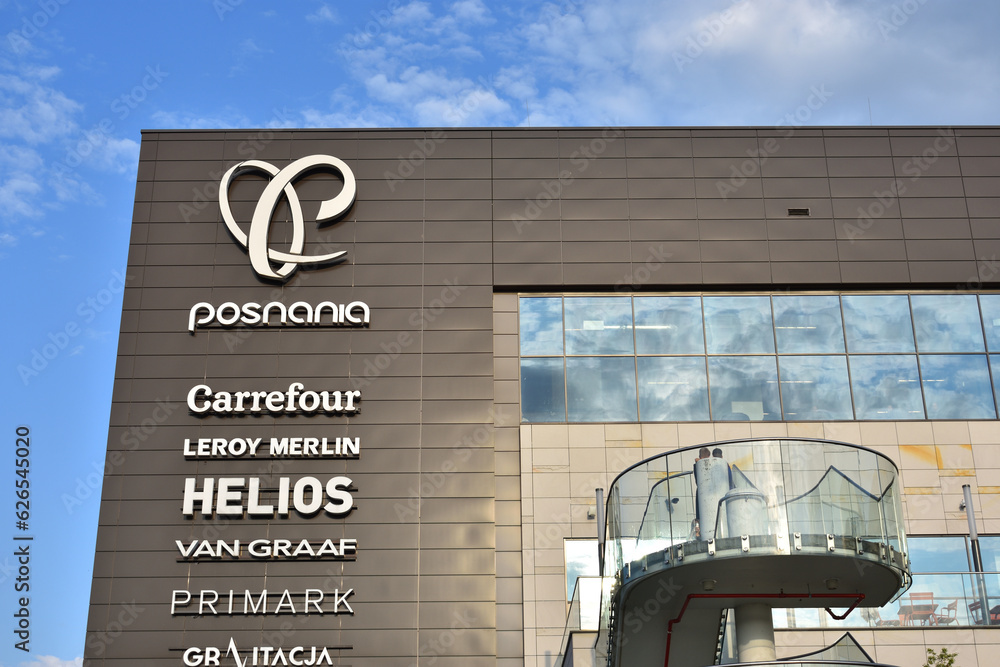 Posnania shopping mall in Poznan city, facade with signage. POZNAN ...