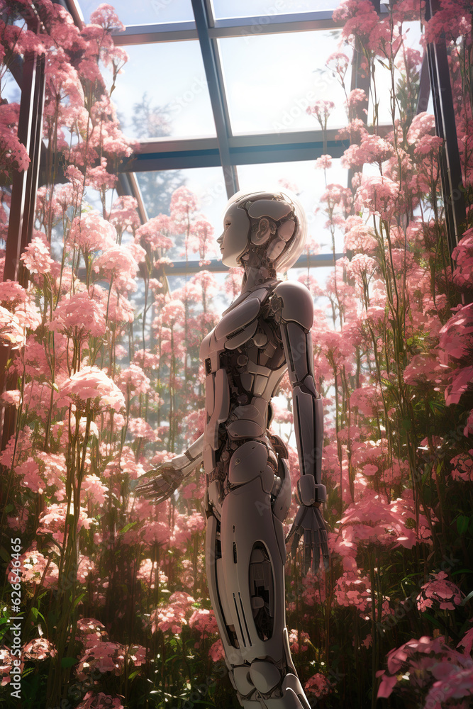 Android robot grows flowers in a large greenhouse, future farming ...