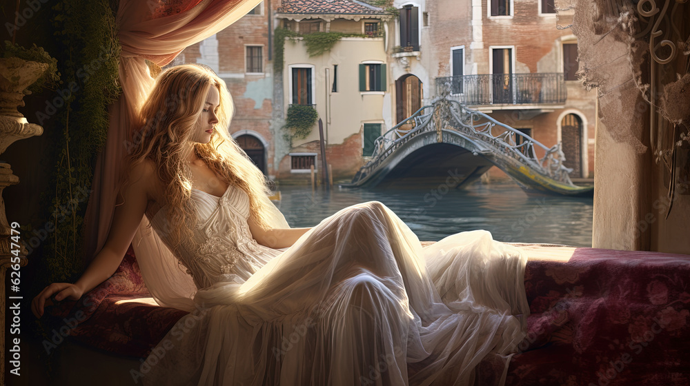 Arched sub - portico in Venice Italy with seated blonde long hair girl ...