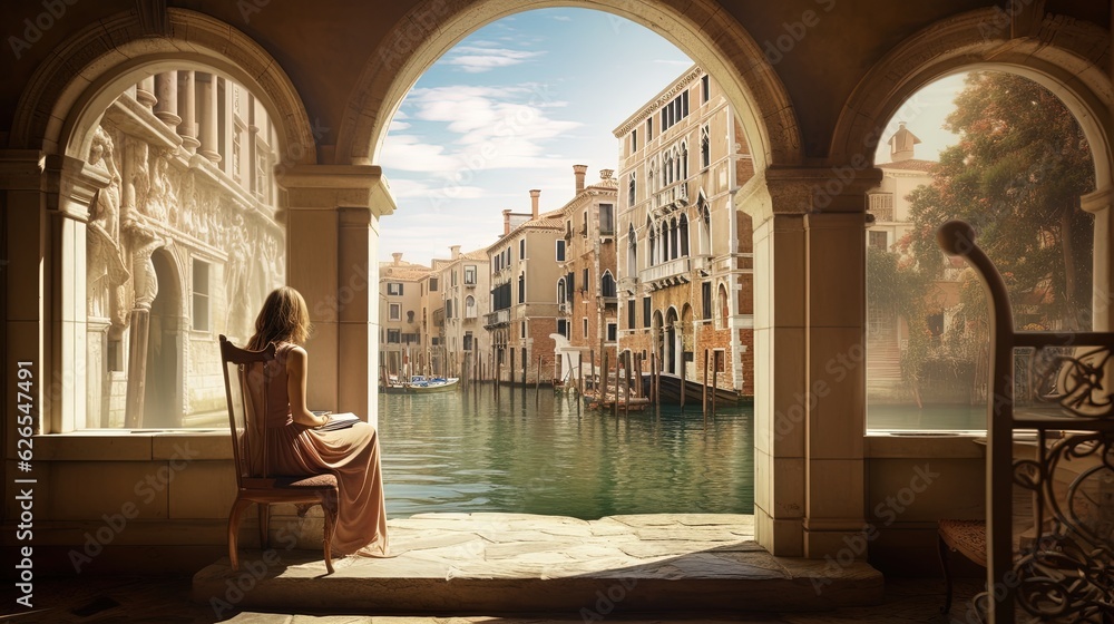 Arched sub - portico in Venice Italy with seated blonde long hair girl ...