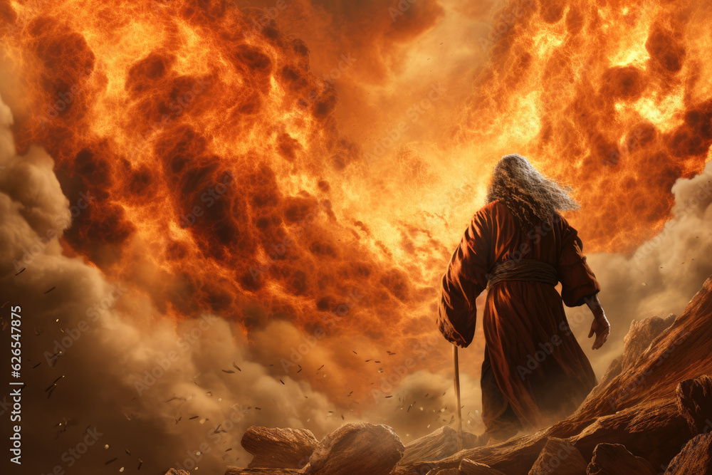 Elijah praying to God and causing fire to fall from heaven on the sacrificial altar facing the ...
