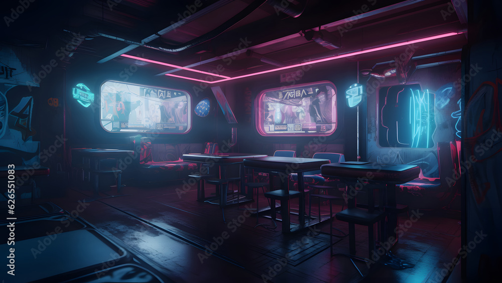 cyberpunk style bar dark interior concept with neon lights, neural ...