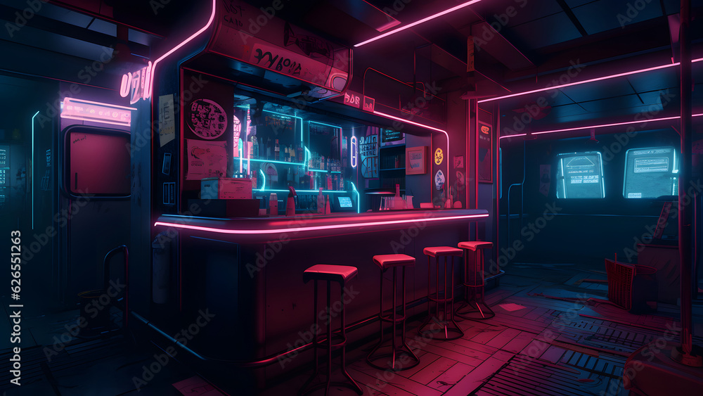 cyberpunk style bar dark interior concept with neon lights, neural ...