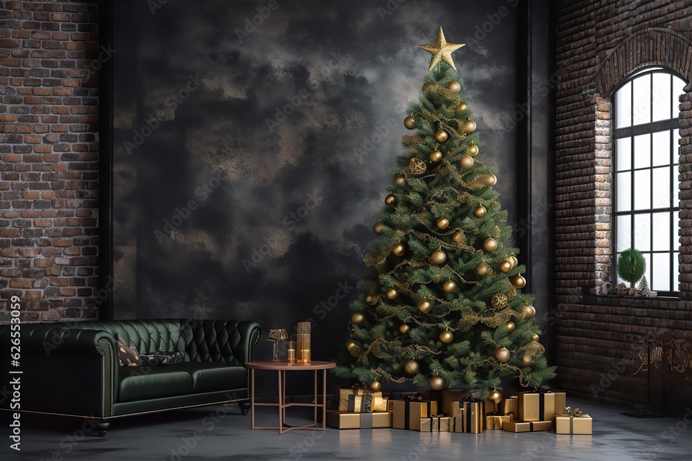 Christmas room interior of the loft with window. Gifts, candles and ...