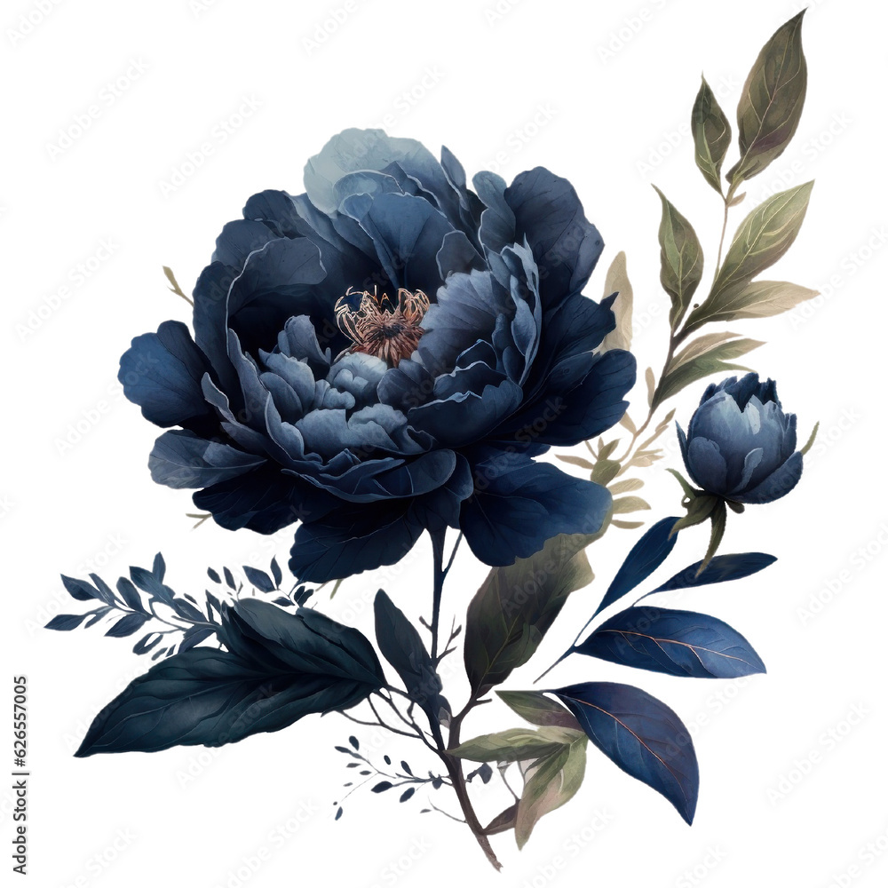 Navy blue Peony flower, botanical illustration, garden peonies bud ...