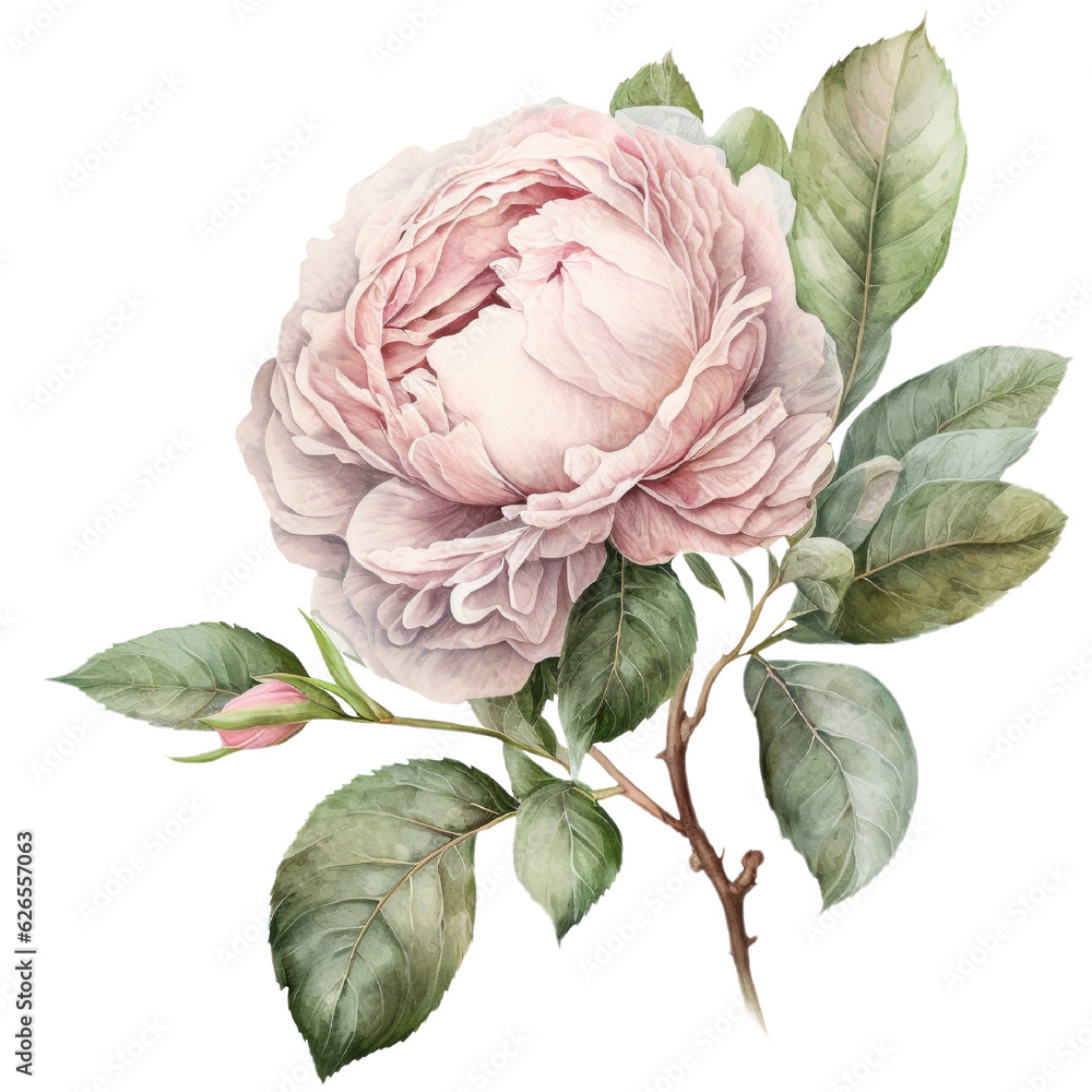 Soft pink Rose flower, dusty pink garden roses watercolor illustration ...