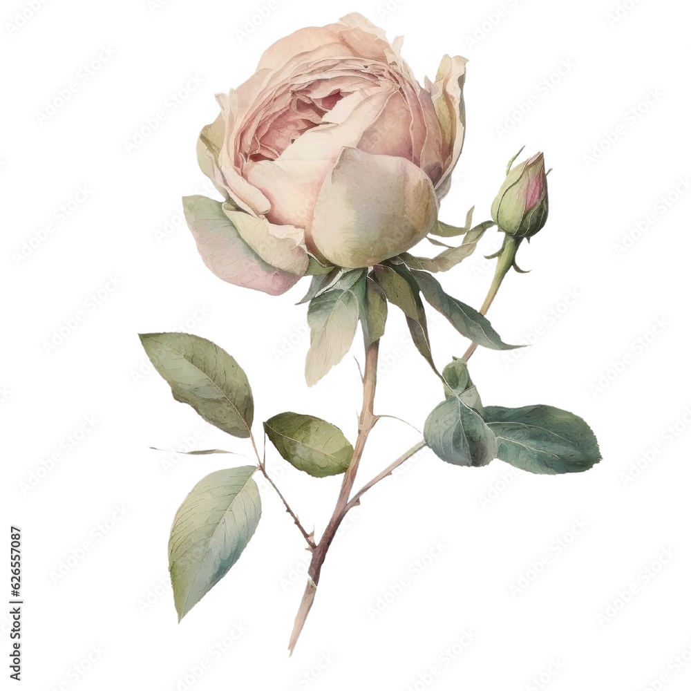 Delicate cream Rose flower, dusty pink garden rose bud watercolor ...