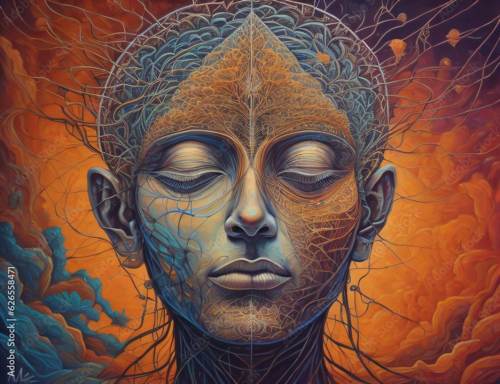 Visual depiction displaying a blend of human profile and fractal ...