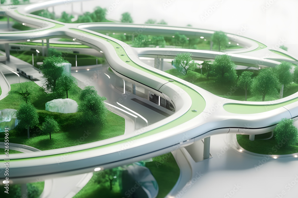 Abstract 3D render of a futuristic eco transportation hub with ...