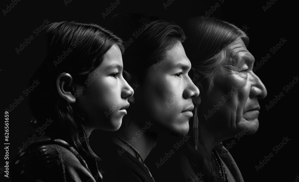 Side profile of three generations of Native American Indian men Stock ...