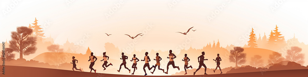 marathon, runners running in nature drawing flat graphics background ...