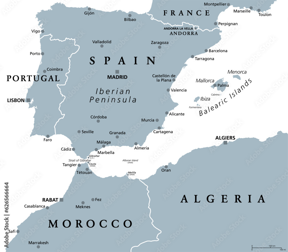 Vetor de West Mediterranean, gray political map. Iberian Peninsula ...