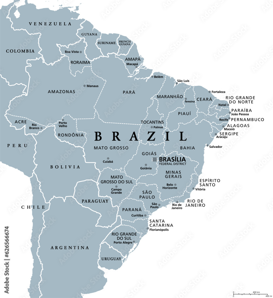 States of Brazil, gray political map. Federative units with borders and ...