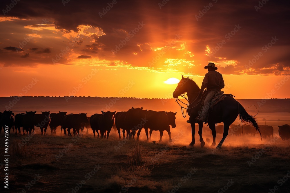 Herd drive. A young cowboy on a horse guides the herd to the paddock ...