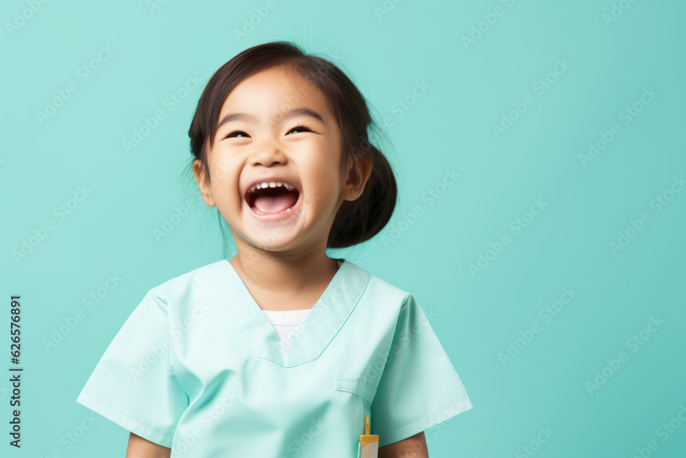 Little asian girl standing on pastel background, laughing out loud ...