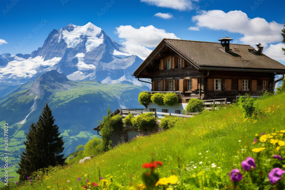 Swiss chalet nestled in the Alps, capturing the charm of Alpine ...