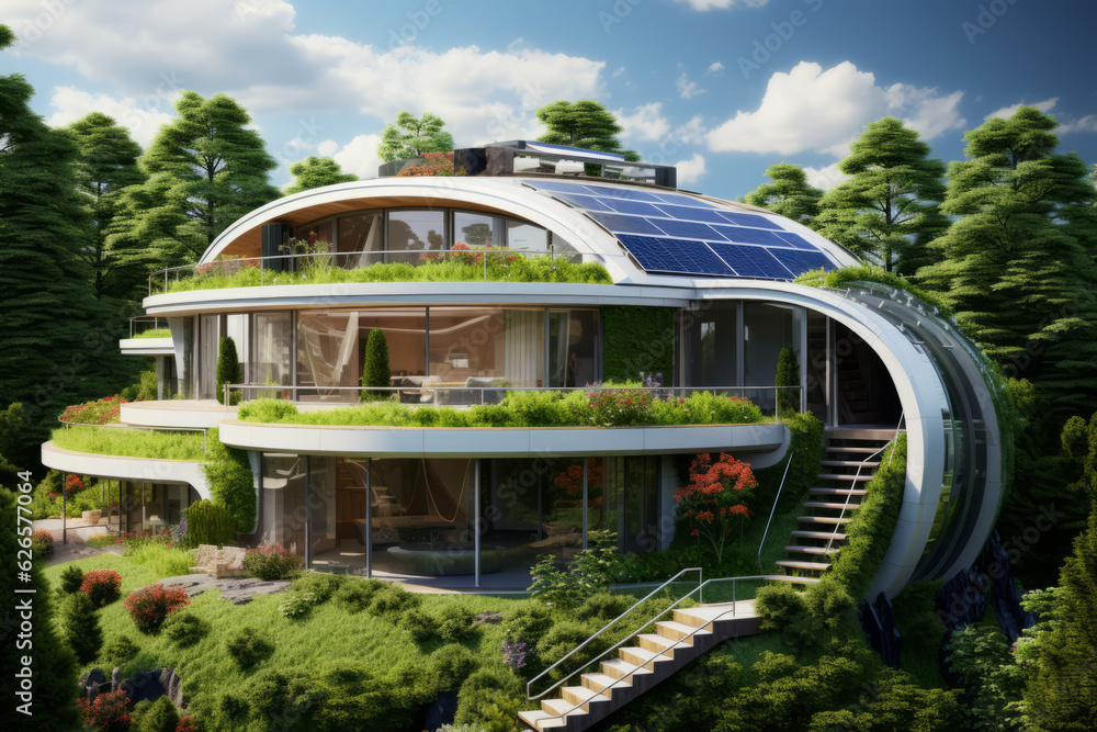 Futuristic eco-house, representing the cutting-edge architecture of sustainable living. House ...