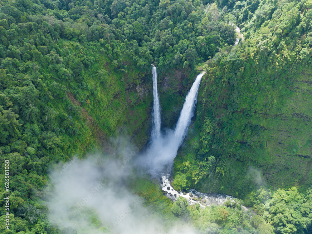 The Tad Fane waterfall, on the Bolaven Plateau in Laos, a few ...