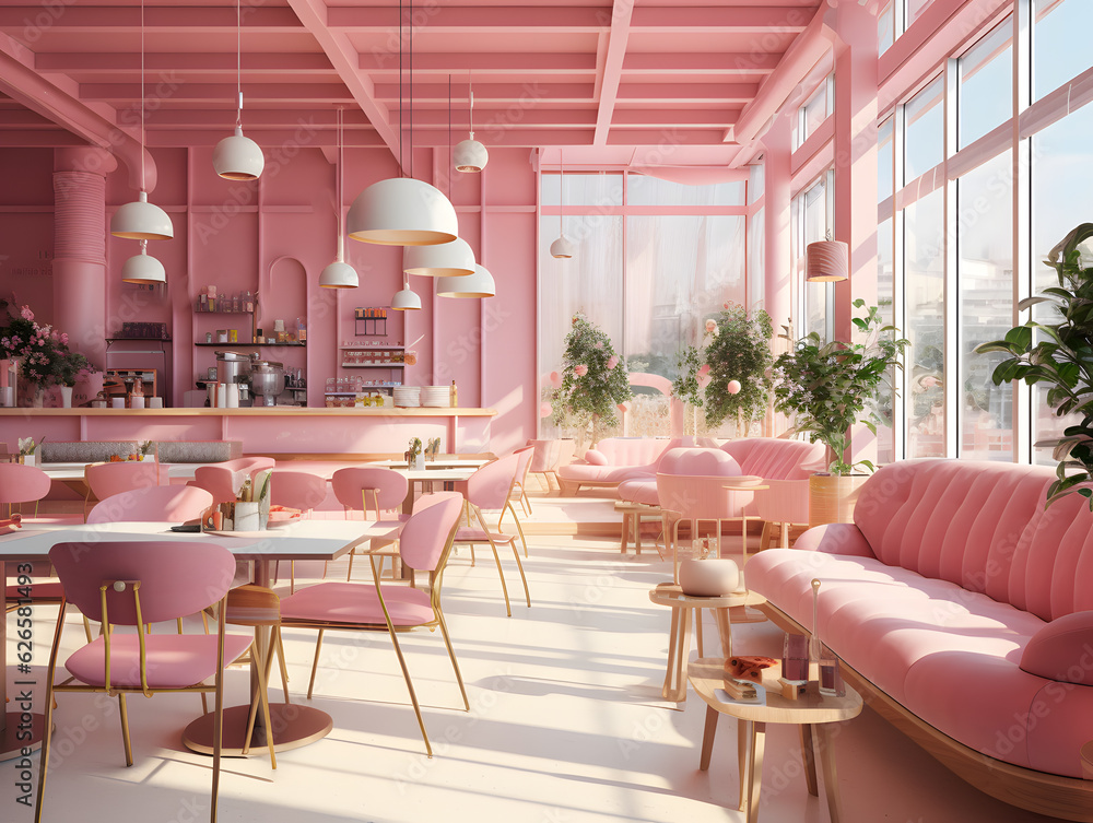 Modern retro barbiecore interior bar design with full-height windows ...