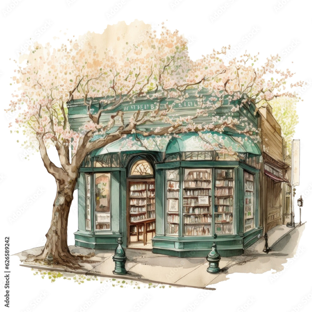 Bookstore building with a blooming tree, spring watercolor illustration ...