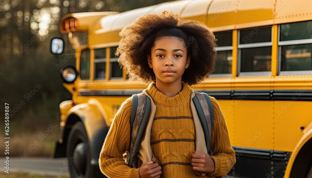 High quality stock photography Brown skinned girl standing next to a school bus, eagerly ...