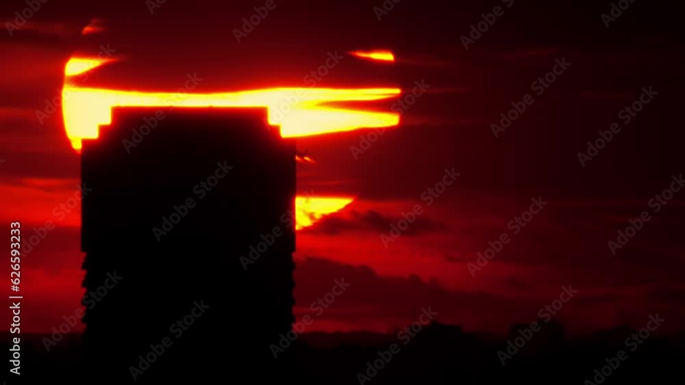 American city downtown sunset sun over buildings silhouettes. Epic ...