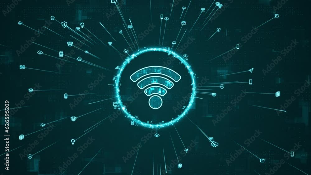 Motion graphic of Blue digital WIFI logo and ring rotation around logo ...