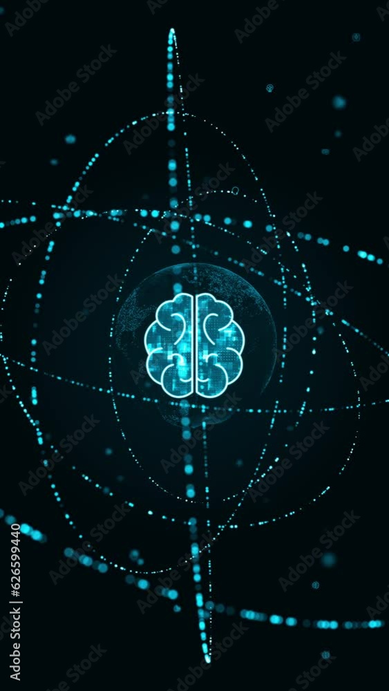 Motion graphic of Blue digital brain logo with particle ring circle rotation and ai technology ...