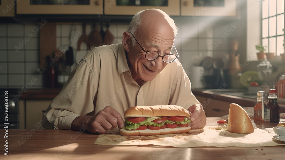 Older gentleman Grandpa in the kitchen making the most perfect sandwich ...