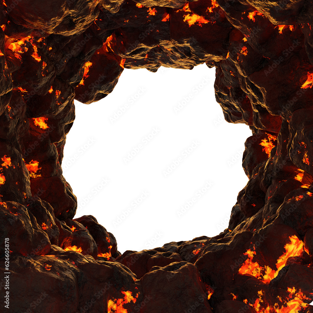 Frame of lava and magma mountain cave with isolated on transparent ...