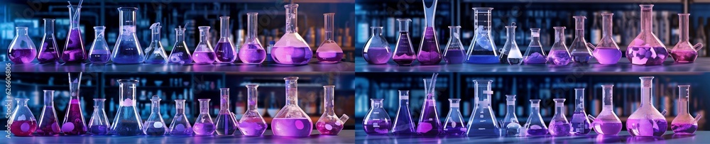 Professional photography of glass beakers and flasks filled with purple ...