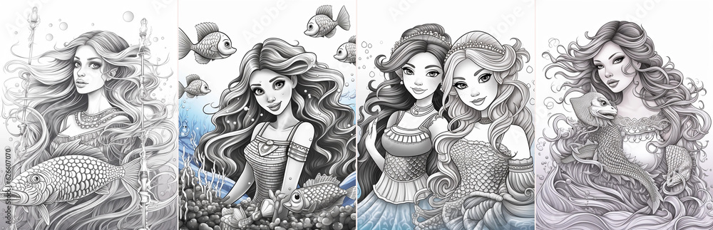 ภาพประกอบสต็อก Coloring page with fantastic mermaid and two seashells ...