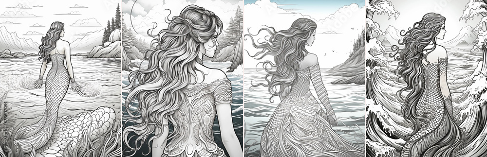 Coloring page featuring a mermaid and two shells Fantasy design with a ...